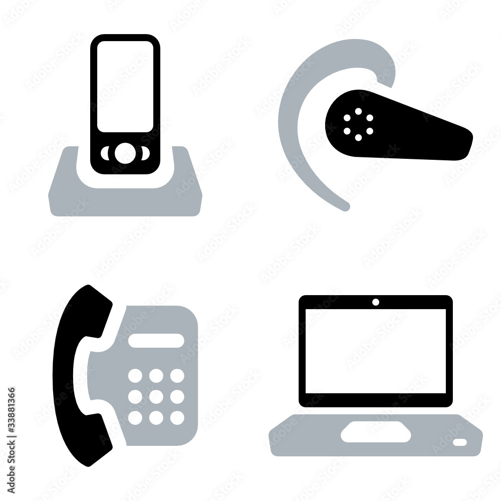 Mobile phone, headset, office phone and laptop vector signs Stock ...