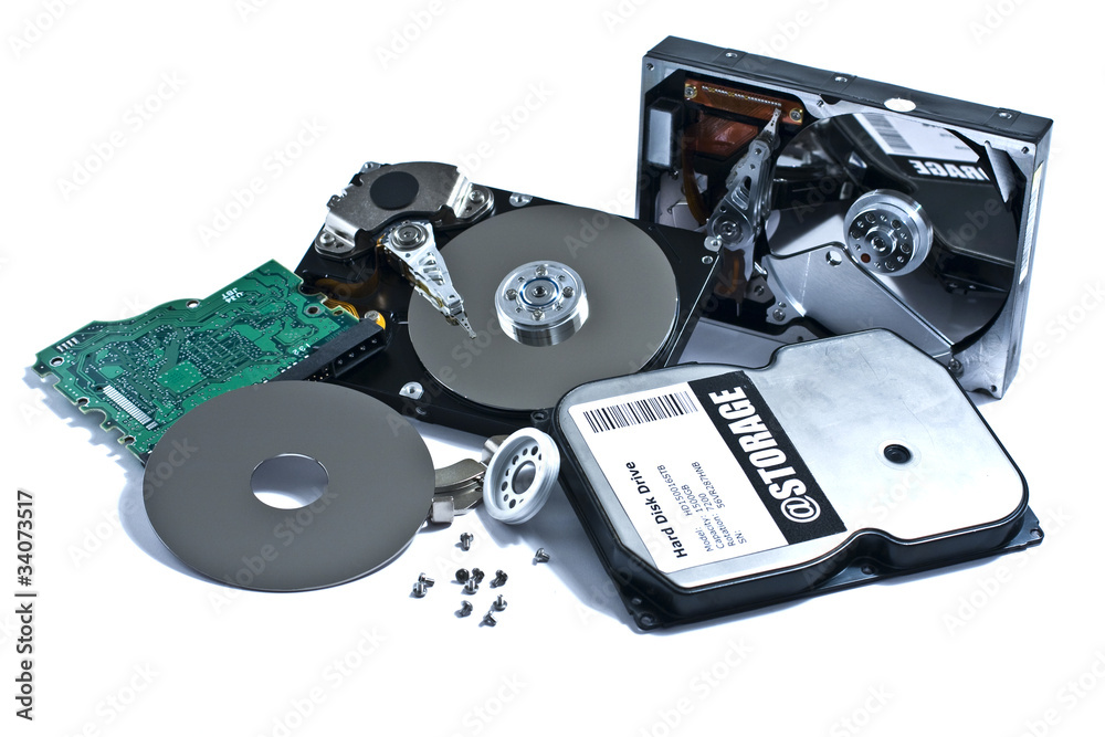 Parts of hard drive with fantasy label Stock Photo | Adobe Stock