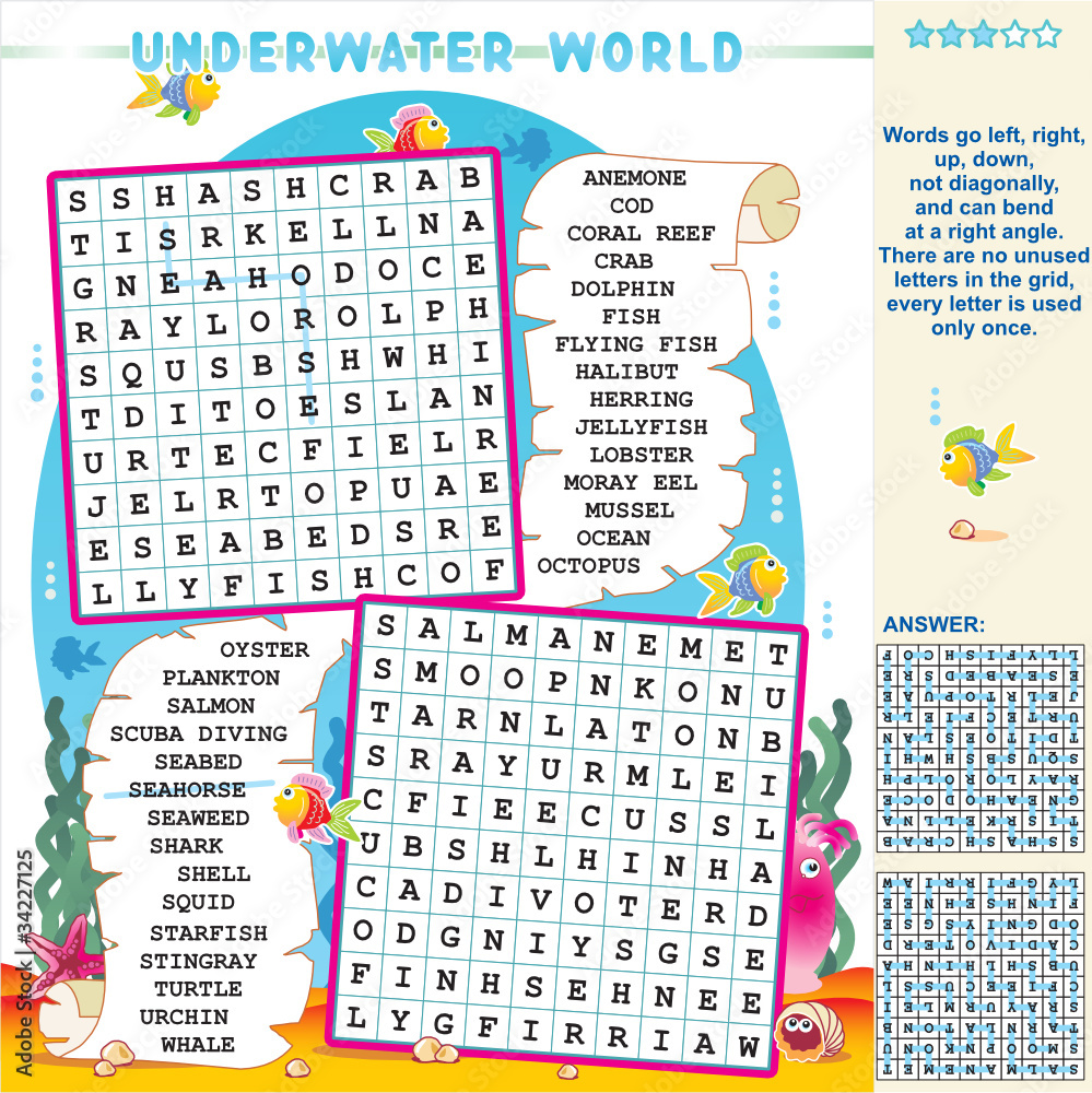 Underwater world word search puzzle, answer included Stock Vector ...