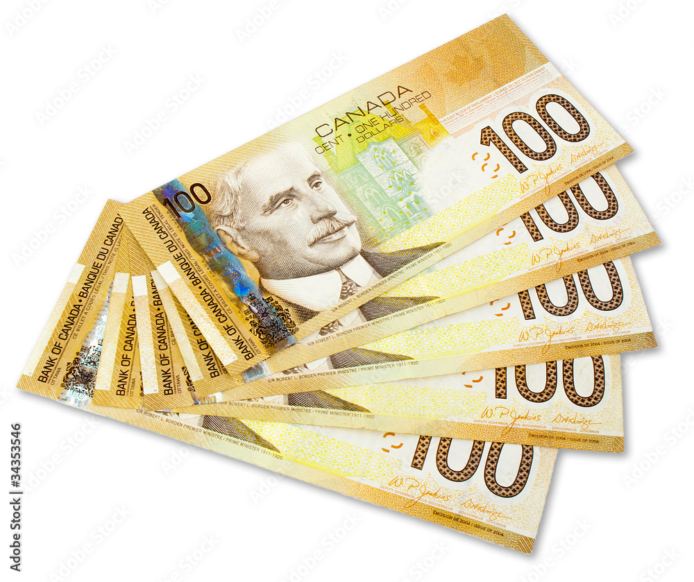 Five of $100 Canadian Banknotes. With clipping path. Stock Photo ...