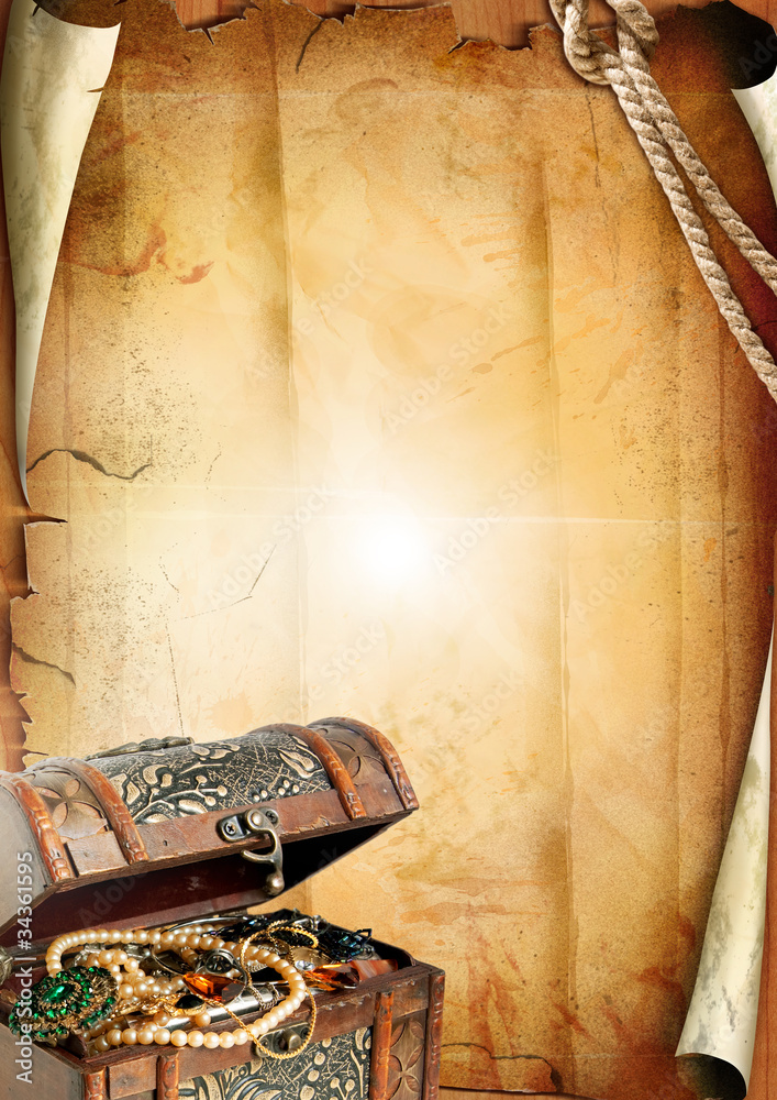 Foto de Old paper texture with a treasure chest do Stock | Adobe Stock