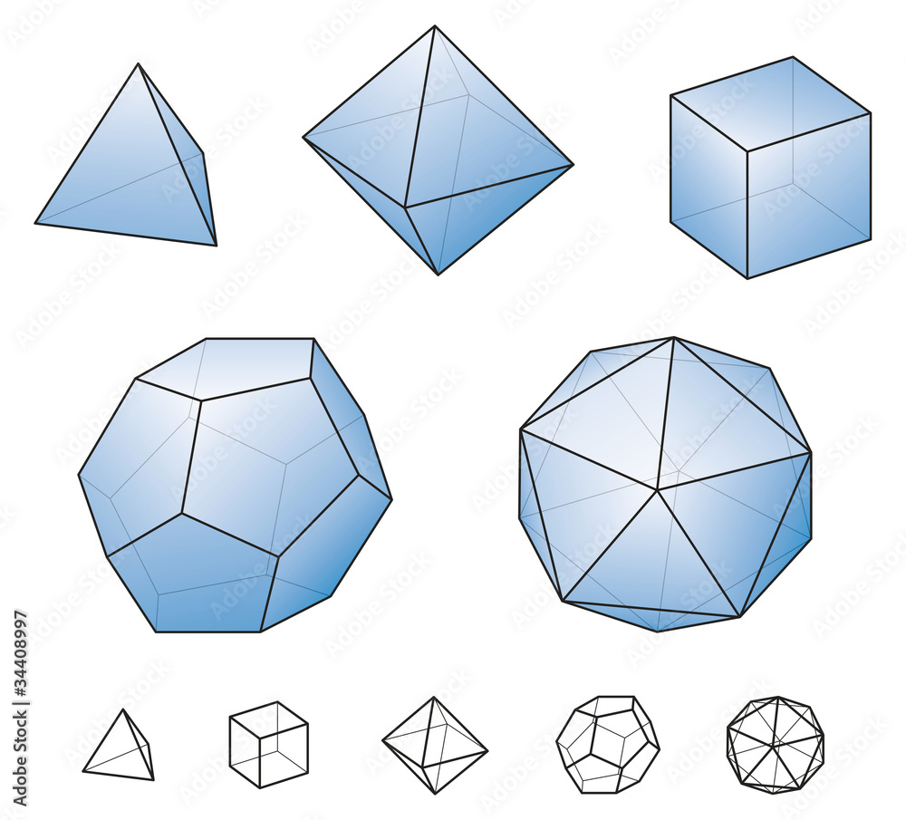 Vecteur Stock Platonic solids with blue surfaces. Regular, convex ...