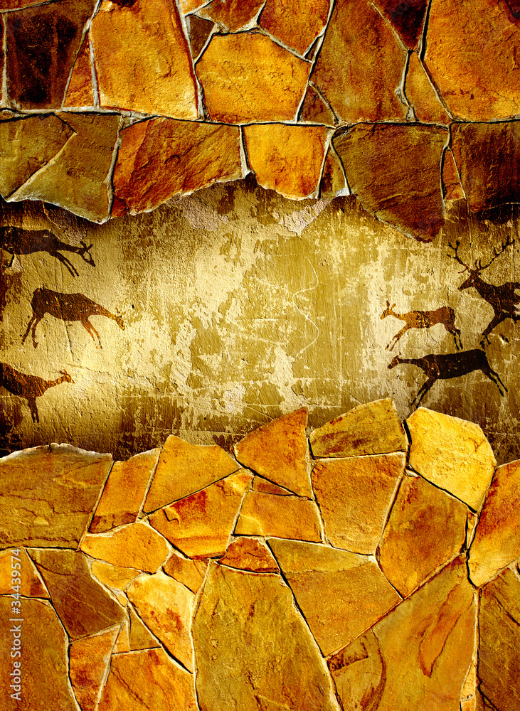 Grunge background with drawings of the primitive person Stock ...