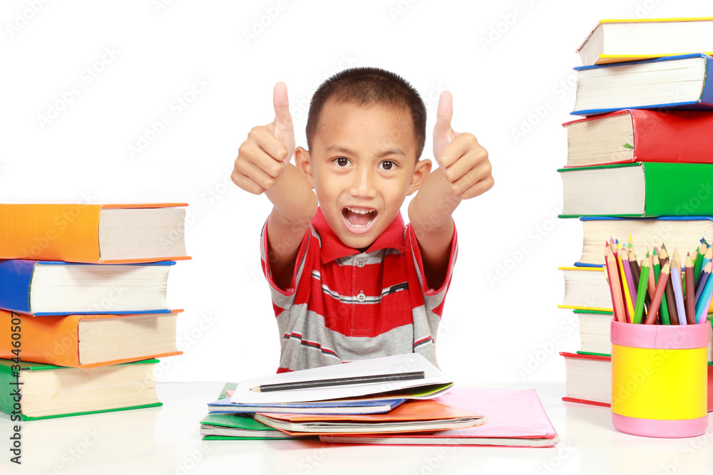 happy studying showing his thumb up sign Stock Photo | Adobe Stock