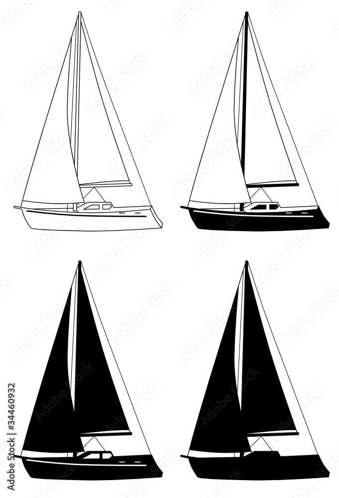 Segelboot Silhouetten Set vier Versionen Segelschiff Stock Vector ...