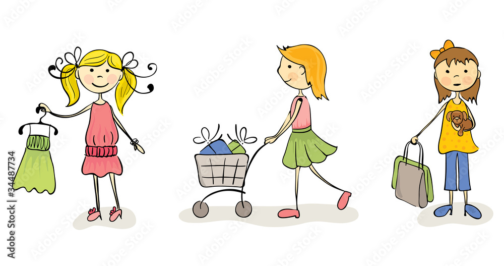 Three fun girls go shopping vector de Stock | Adobe Stock