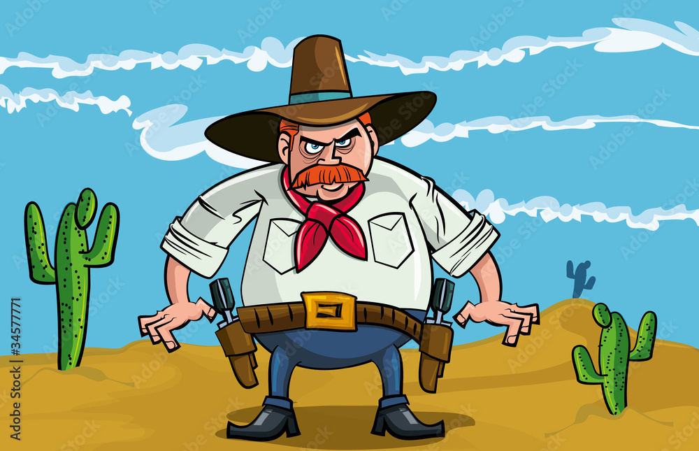 Fat cartoon cowboy ready to draw vector de Stock | Adobe Stock