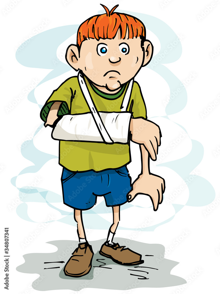 Cartoon boy with a broken arm Stock-Vektorgrafik | Adobe Stock
