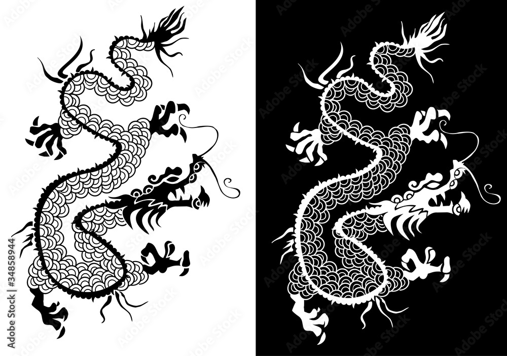 Black and white chinese dragon vector. Stock Vector | Adobe Stock