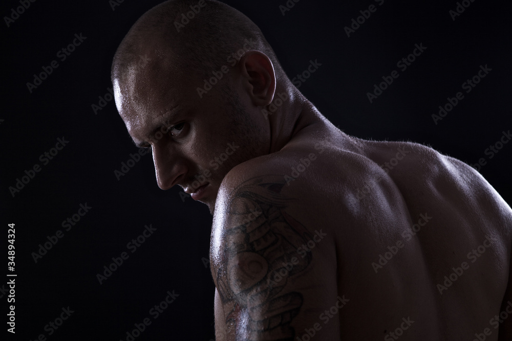 Young muscle bold male model in studio Stock Photo | Adobe Stock