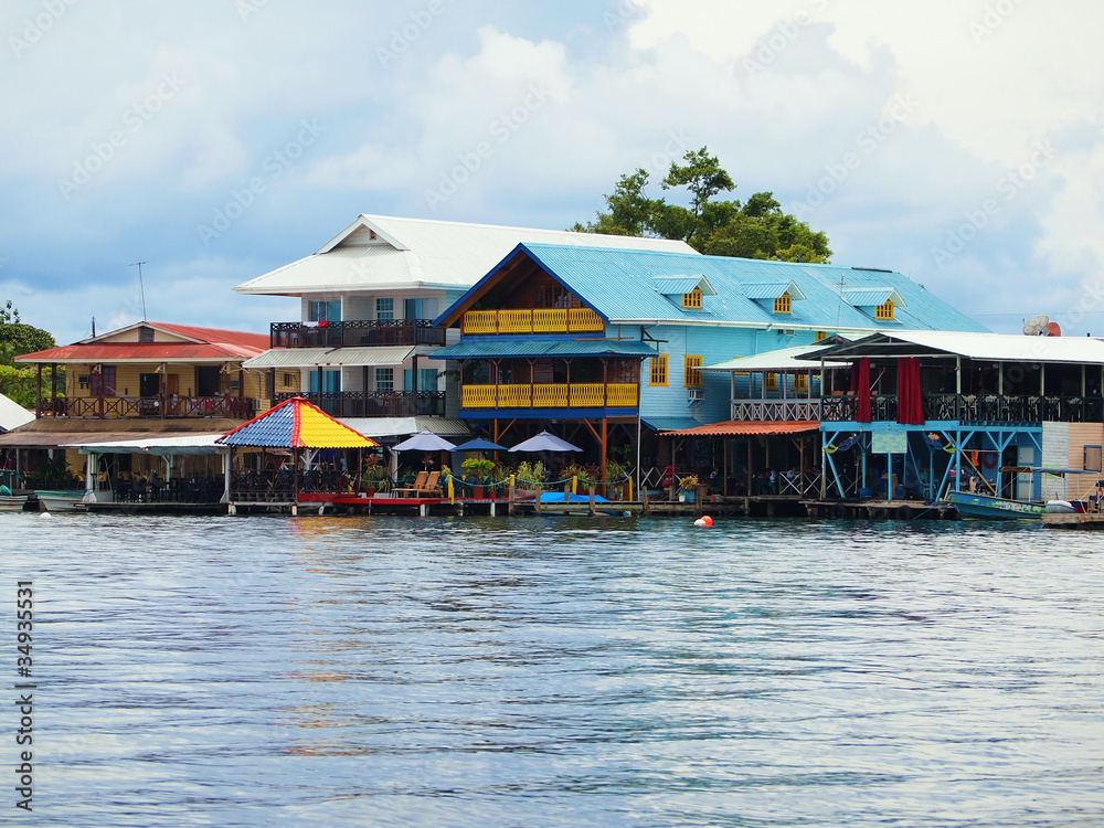 Caribbean hotels and restaurants over the water, Colon island, Central ...