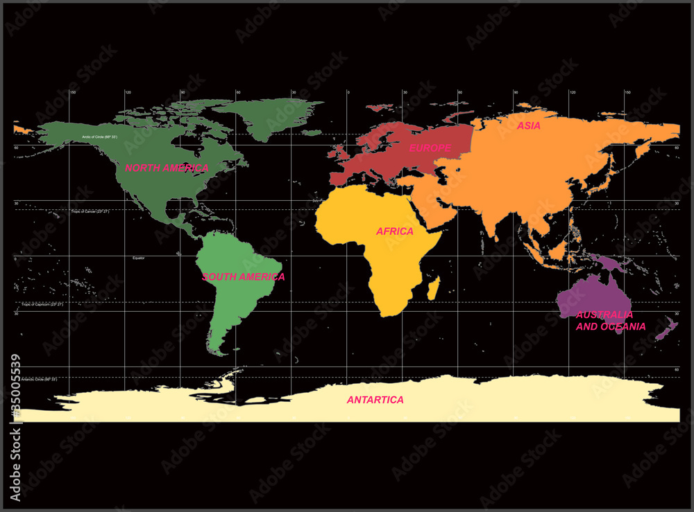 Detailed World Map with Names of Continent and Countries, vector Stock ...