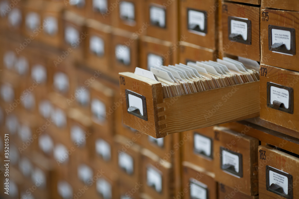 database concept. vintage cabinet. library card or file catalog. Stock ...