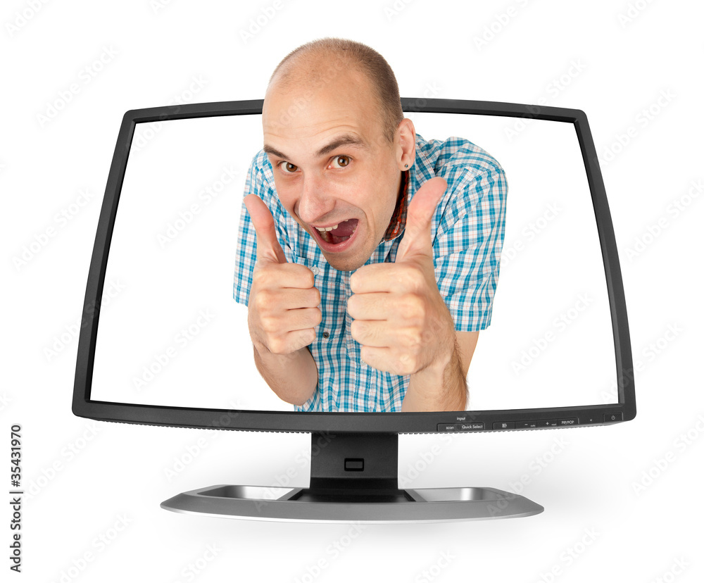 man making thumbs up sign through a monitor screen Stock Photo | Adobe ...