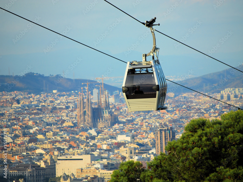 rope-way and cathedral Sagrada Familia in barcelona, spain Stock Photo ...
