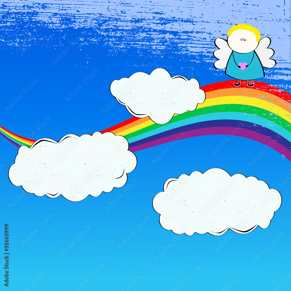 Blue sky background with clouds, angel and rainbow Stock Vector | Adobe ...