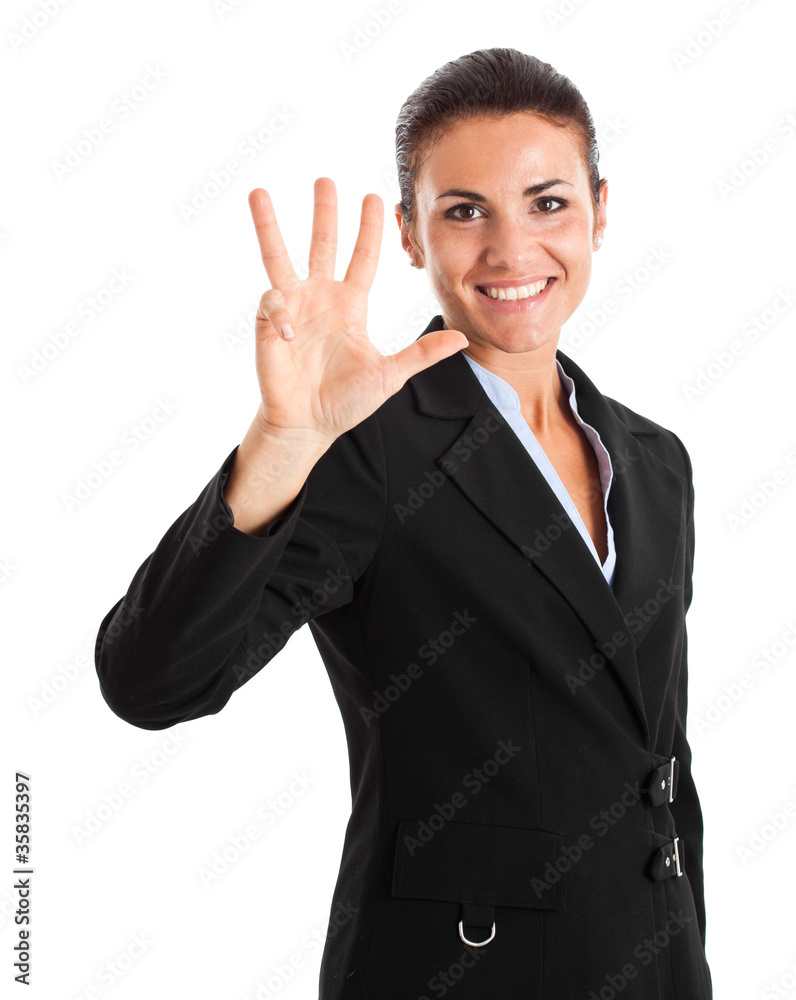 Beautiful woman showing number four. Part of a serie from 1 to 5 Stock ...