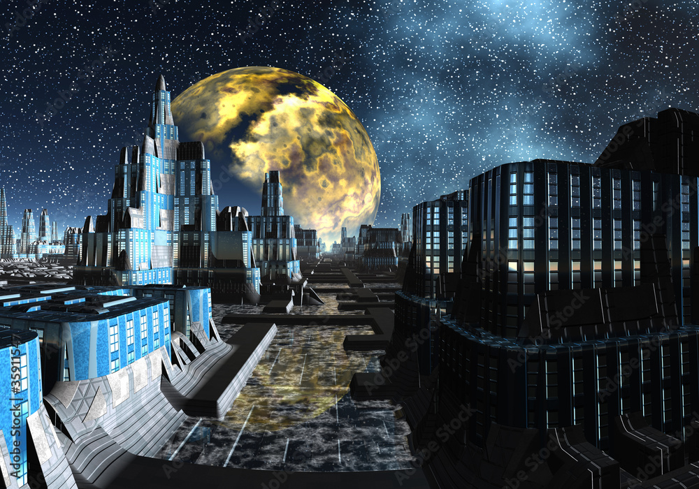 Starry Night Over An Alien City - Science Fiction Scene Part 2 Stock ...