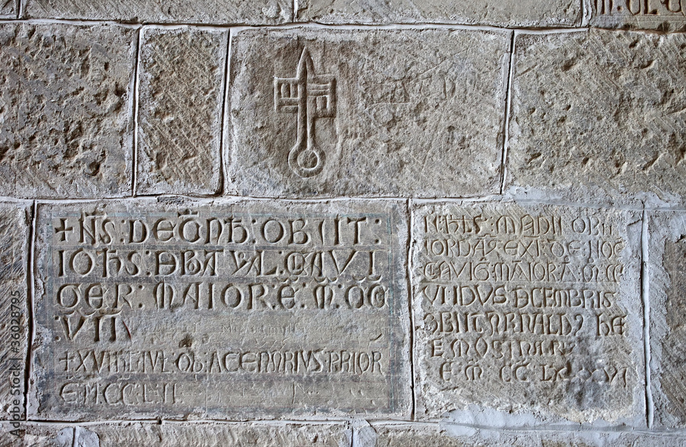 Medieval writing in Monasterio de San Juan de la Pena Stock Photo ...