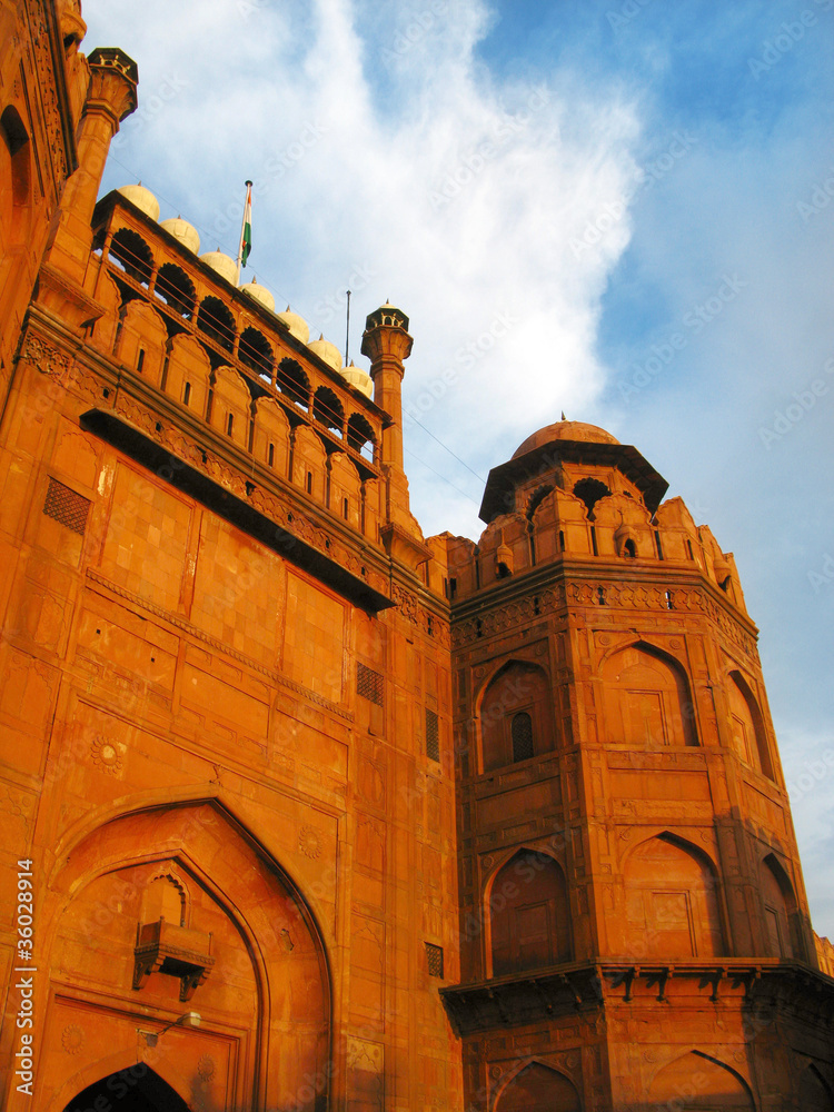 Main gate of Red Fort at sunset, in New Delhi, India Stock Photo ...