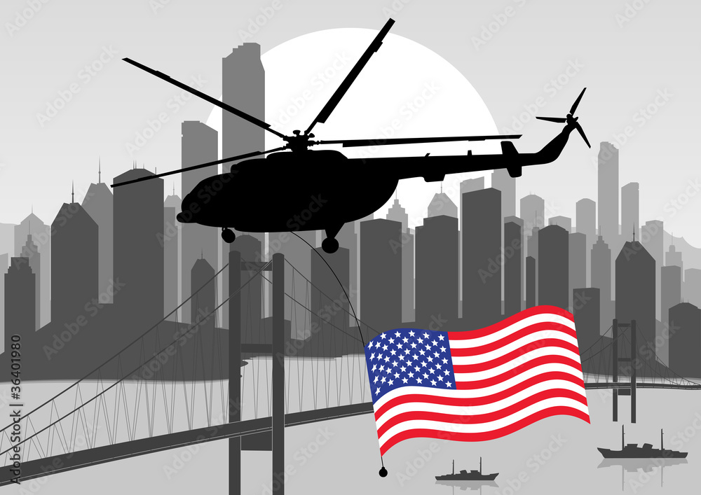 Helicopter with USA flag in skyscraper city landscape background Stock ...
