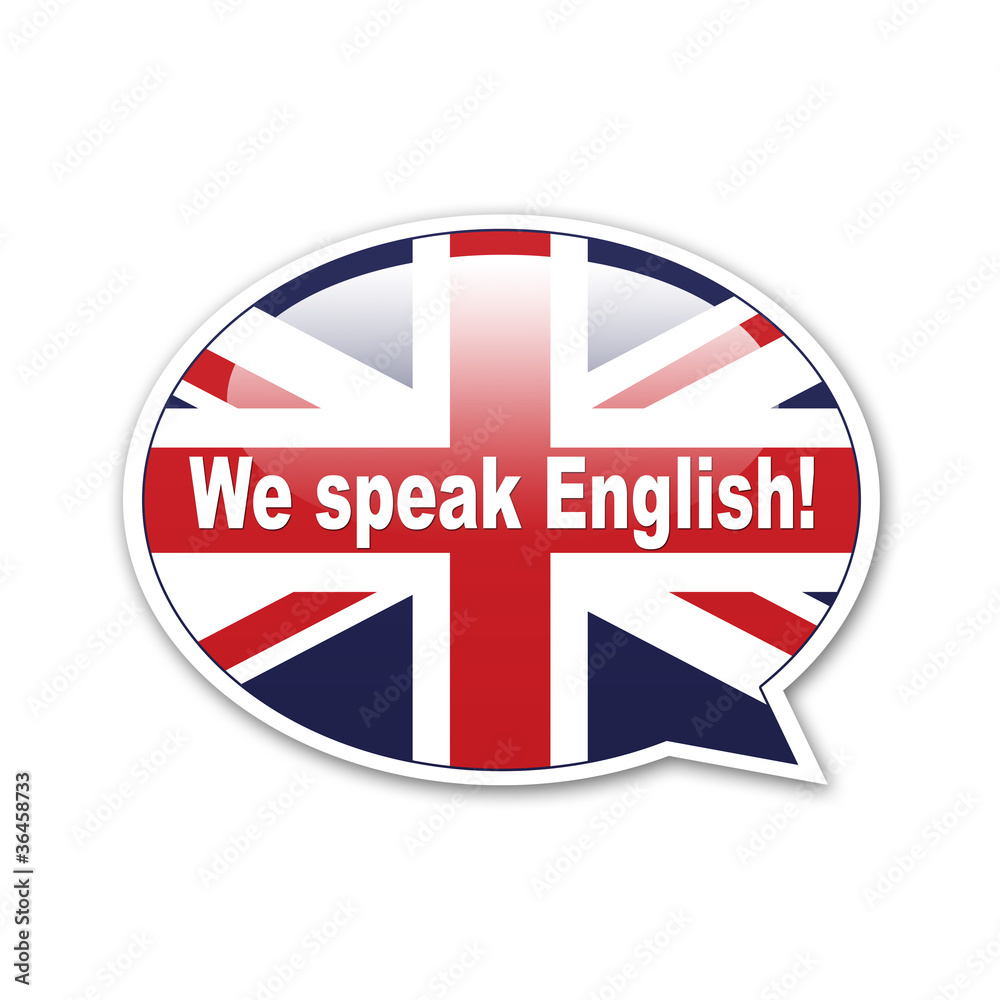 Pegatina globo We speak English! ilustración de Stock | Adobe Stock