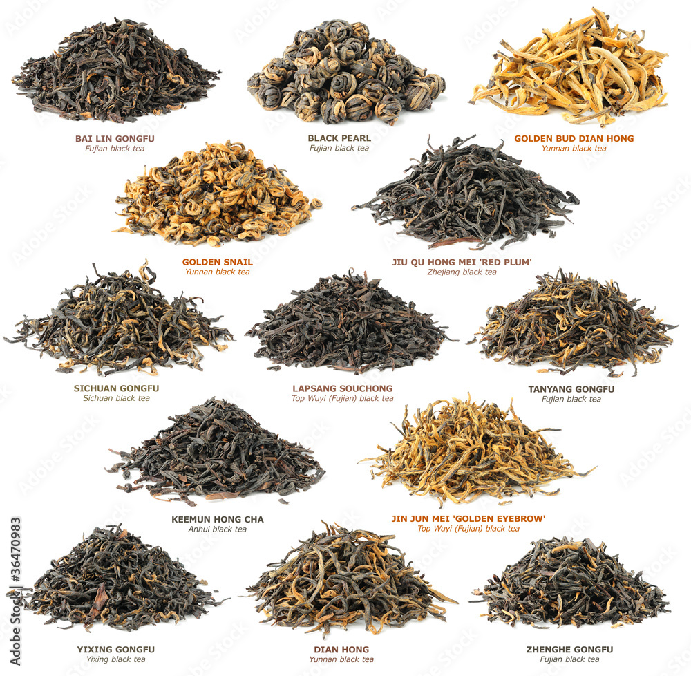 Isolated tea. Piles of different famous chinese black tea varieties ...