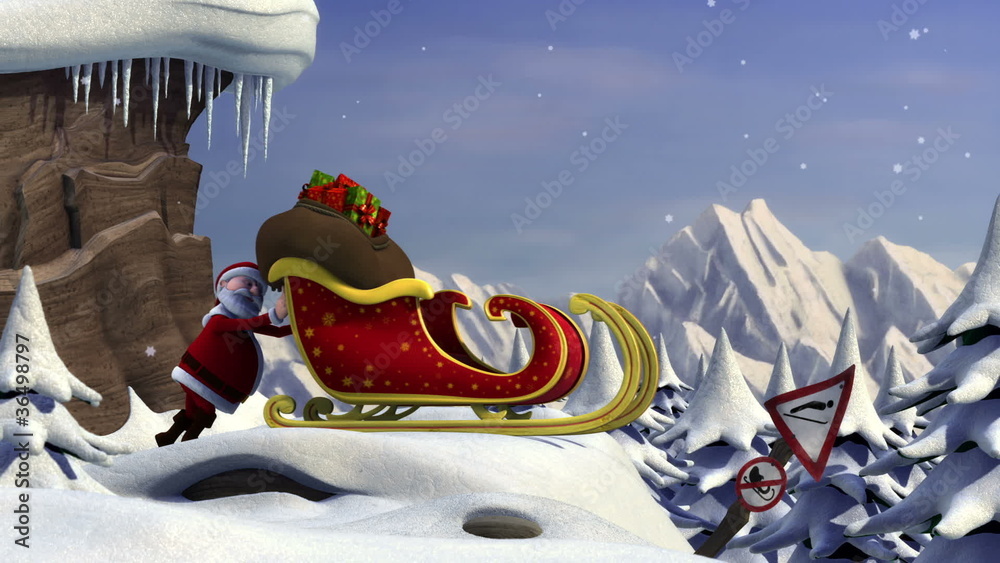 Cartoon Santa Claus using a ski jump to take off with his sleigh Stock ...