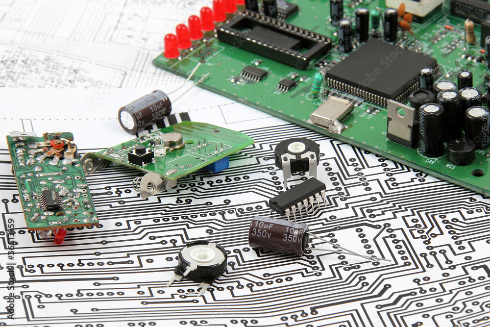 Electronic circuit boards on the background of electronic scheme Stock ...
