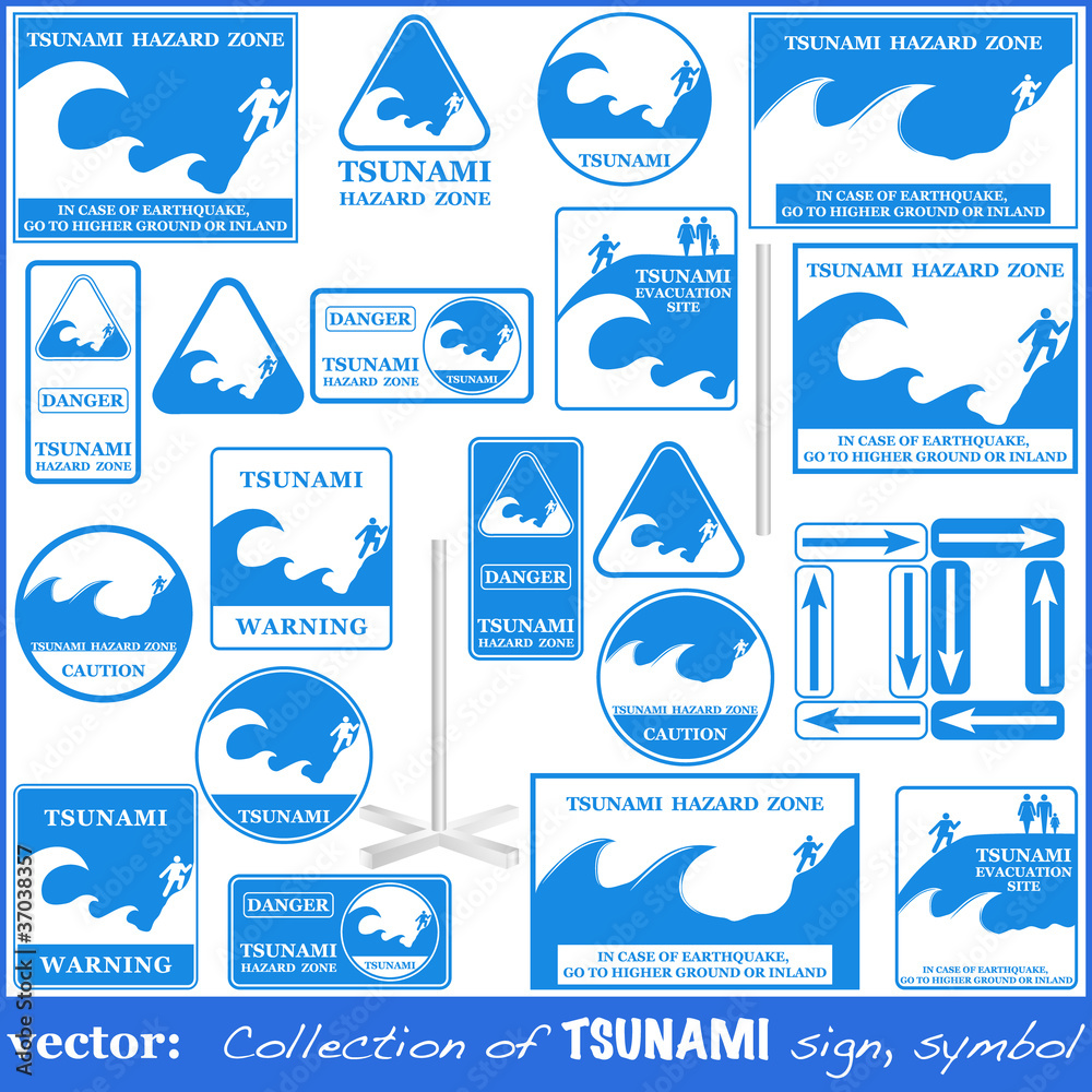 TSUNAMI warning sign set on white. Ready to print Stock Vector | Adobe ...