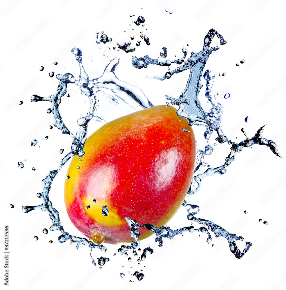 Mango with water splash, isolated on white background Stock Photo ...