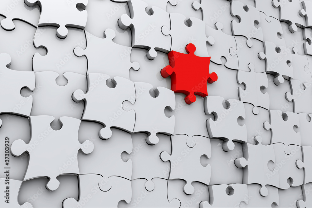 Rotes Puzzleteil in Wand Stock Illustration | Adobe Stock