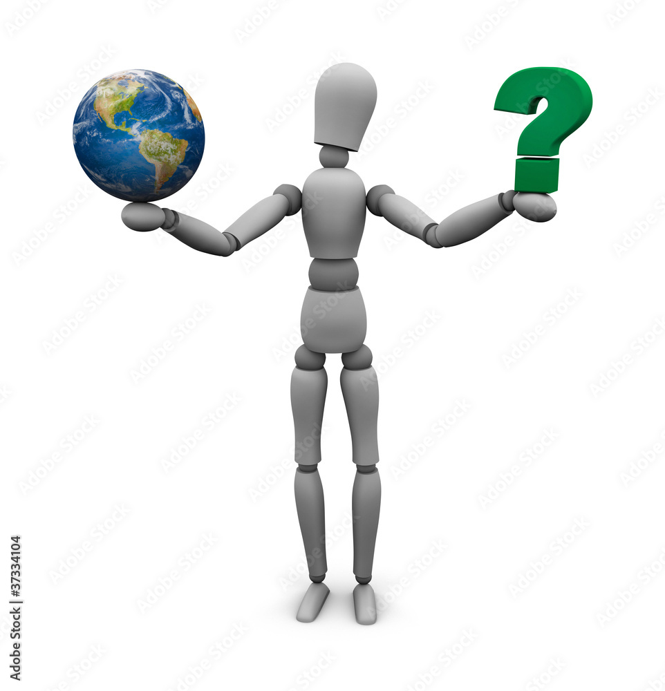 Person holding a green question mark in one hand and Earth in th Stock ...
