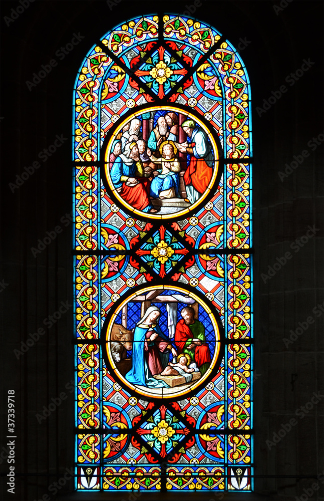 Nativity Scene. Stained glass window in the Basel Cathedral. Stock ...