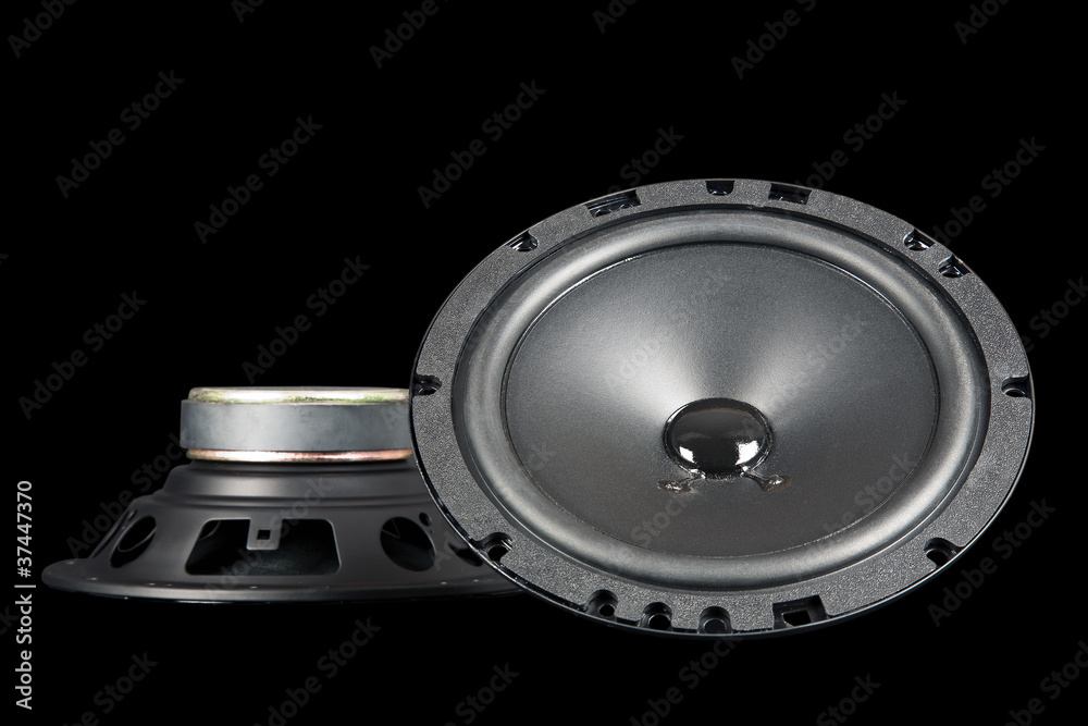 two car speakers shown from the front and side Stock Photo | Adobe Stock