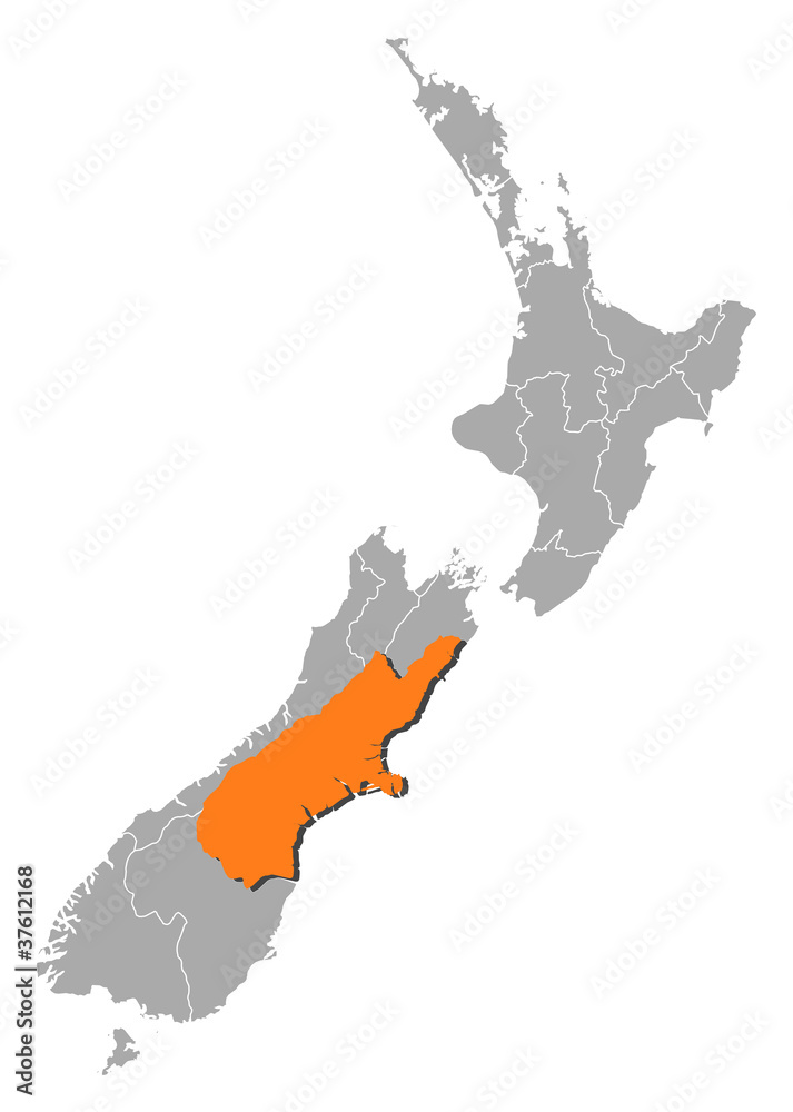 Map of New Zealand, Canterbury highlighted Stock Vector | Adobe Stock
