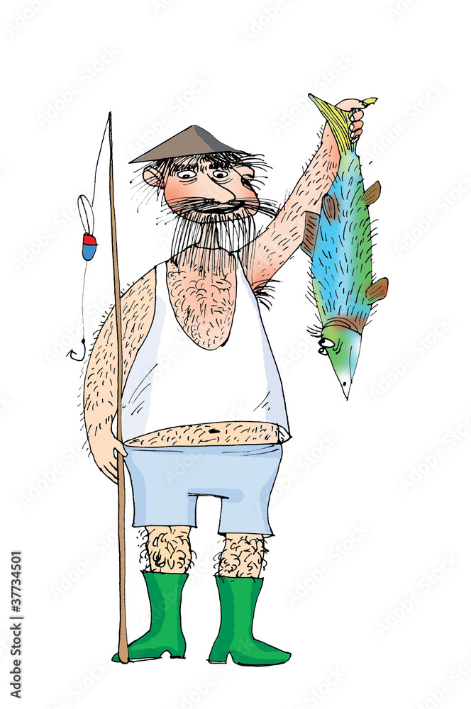 Hairy fisherman and hairy fish, cartoon Stock Illustration | Adobe Stock