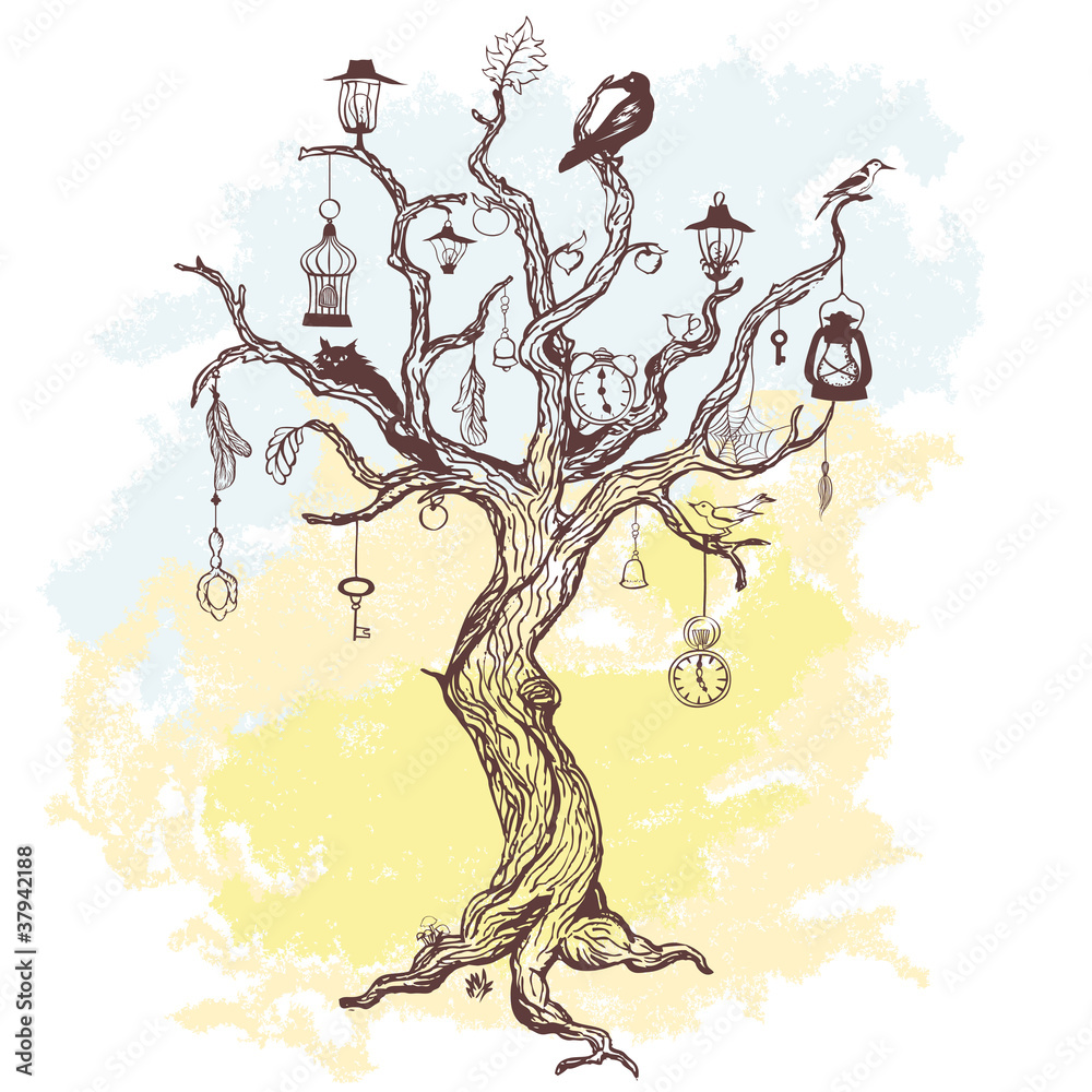 Grungy background with handwritten magic tree Stock Vector | Adobe Stock