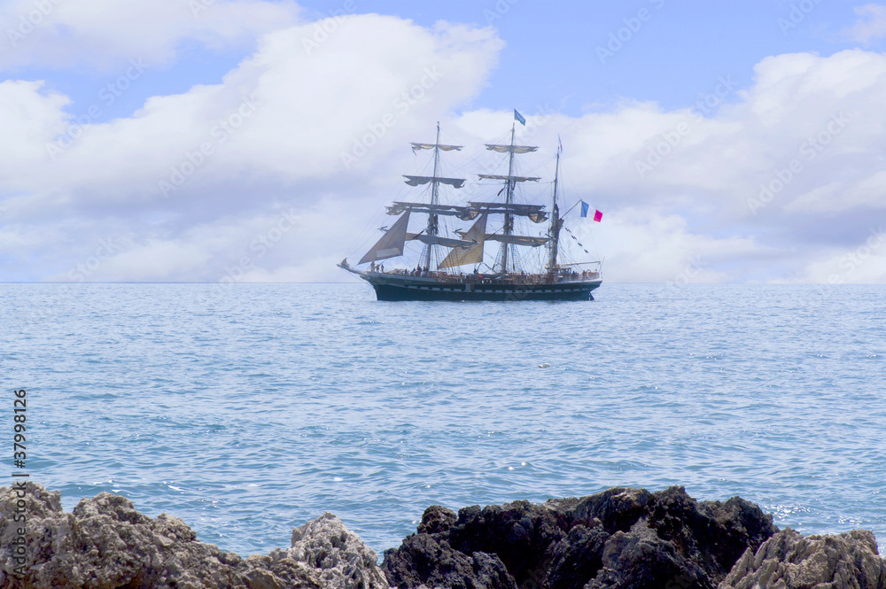 sailing ship and the rocks of the Sirens Isle of Capri Italy Stock ...