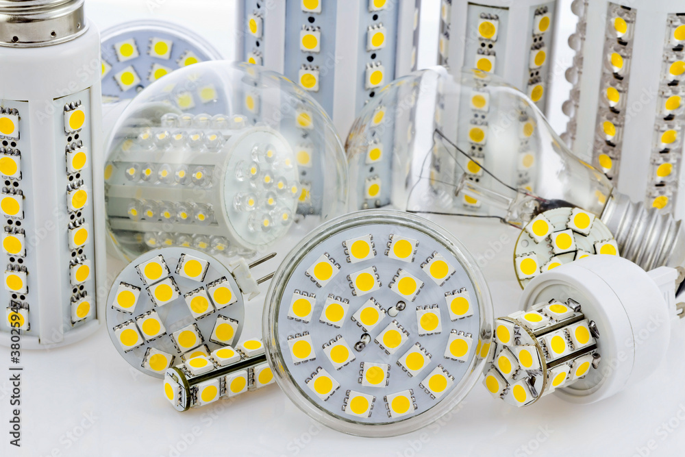 various bulbs with 3-chip SMD LEDs next to tungsten bulb Stock Photo ...