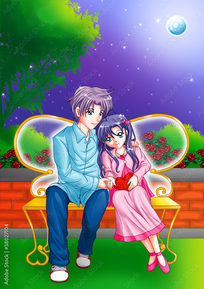Cartoon illustration of a couple cuddling on a park bench Stock ...