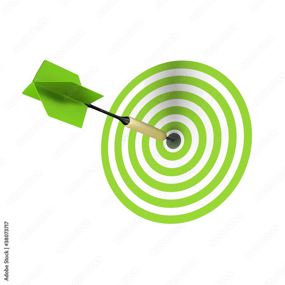 Ein grüner Dart Pfeil steckt exakt in der Mitte der Zielscheibe Stock ...