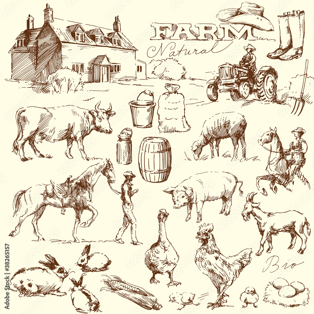 farm collection - hand drawn set Stock Vector | Adobe Stock