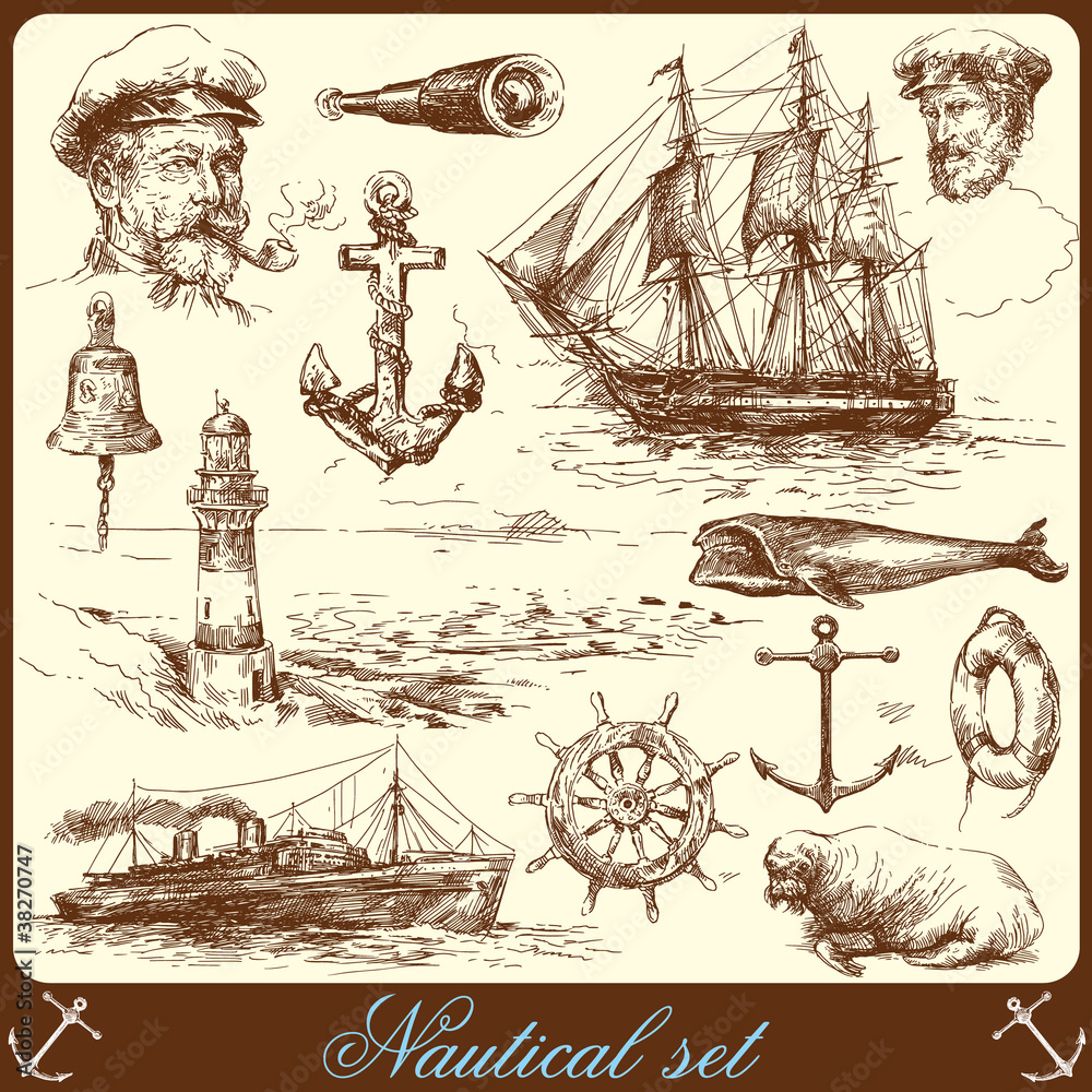 nautical elements-hand drawn collection Stock Vector | Adobe Stock