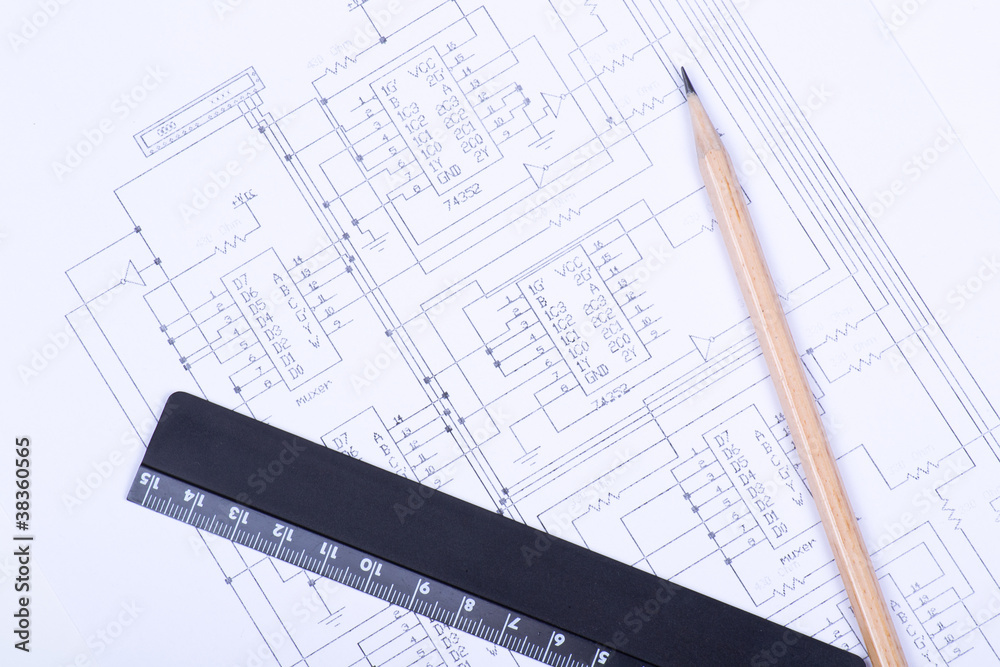 Drawing electrical circuit, ruler and pen Stock Photo | Adobe Stock