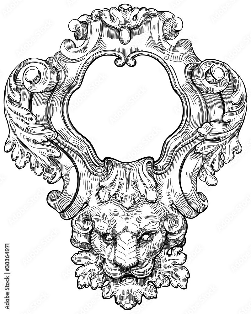 Vintage frame & lion head. Vector illustration Stock Vector | Adobe Stock