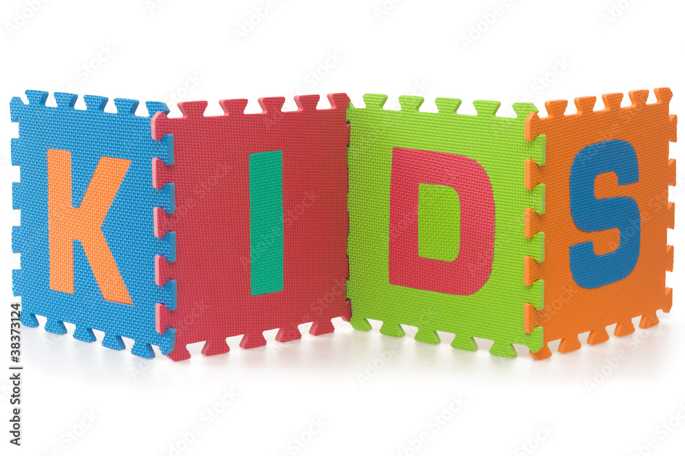 Kids - sign with alphabet puzzle letters isolated on white Stock Photo ...