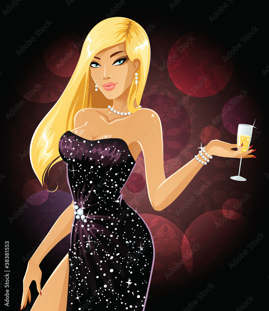Beautiful girl in evening gown holding glass of champagne Stock ...