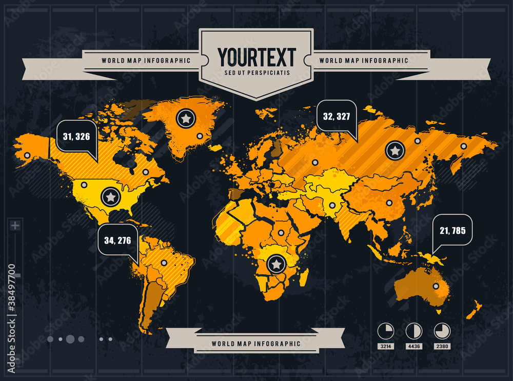 Vector world map with grunge and infographic elements. Stock Vector ...