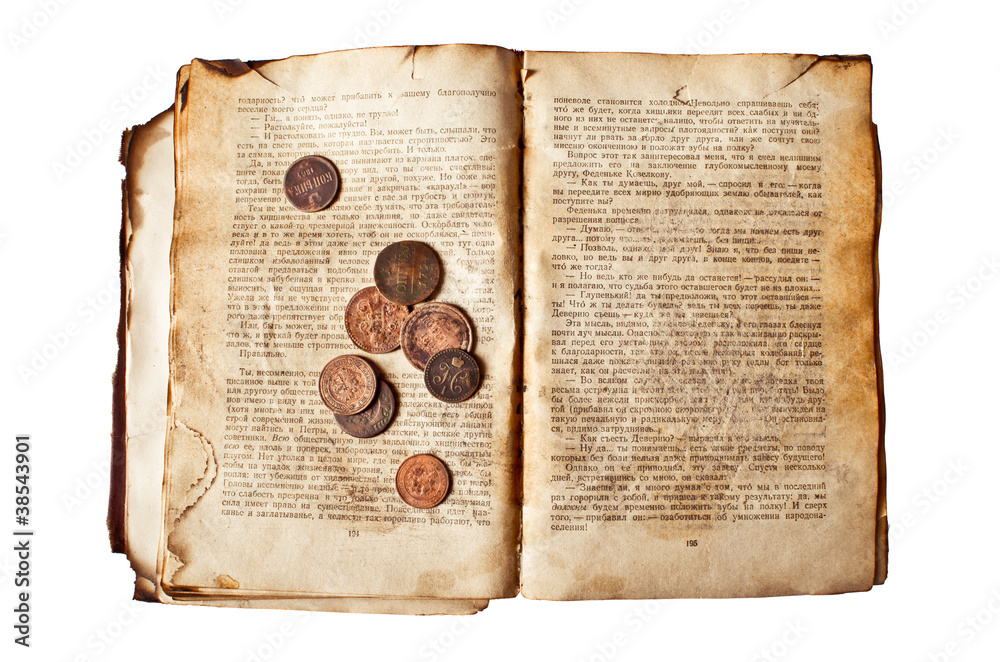 Old book with few coins on isolated white background Stock Photo ...